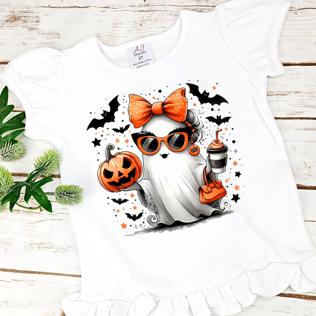 Cute Ghost with Orange Polka Dot Bow holding a Purse and Coffee ...