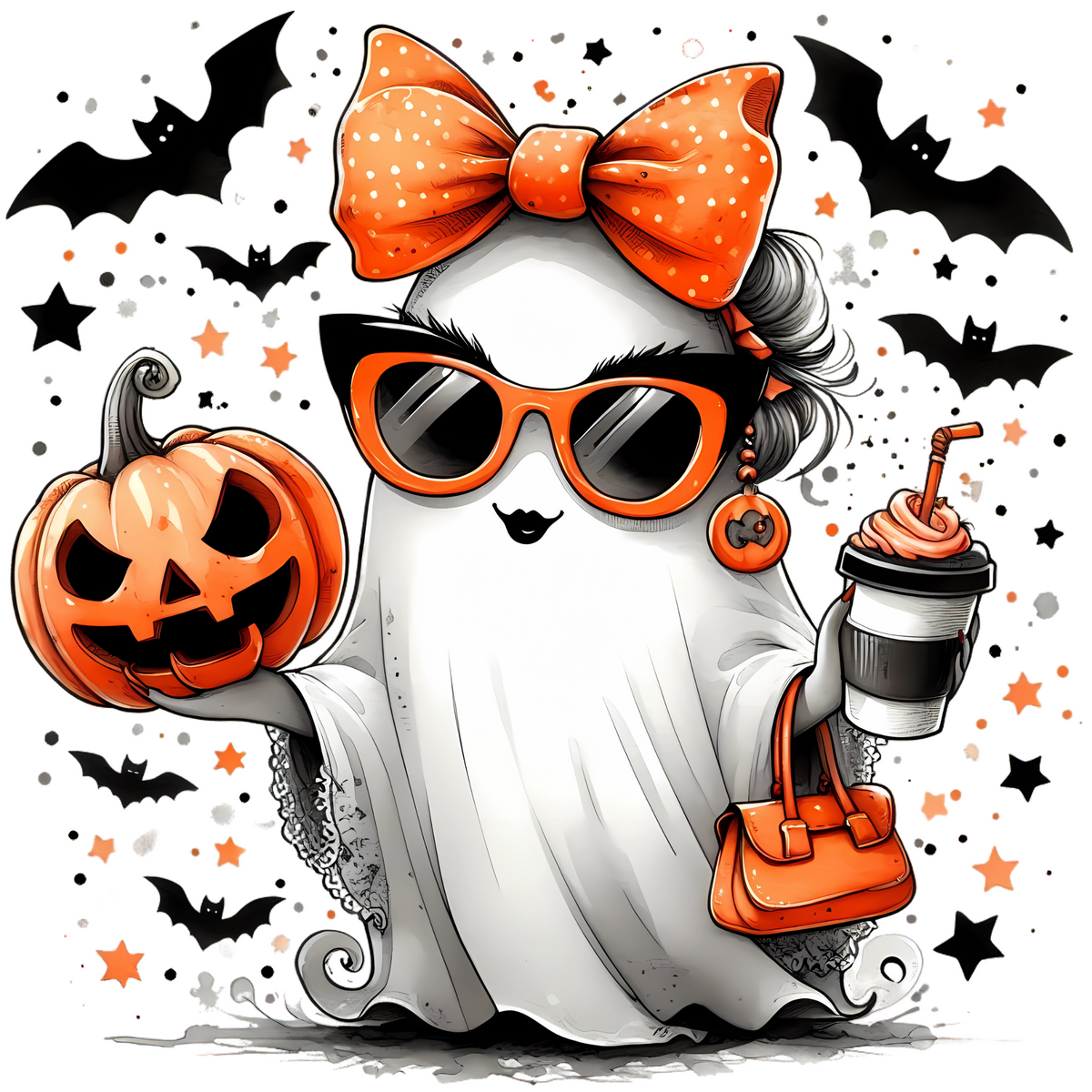 Cute Ghost with Orange Polka Dot Bow holding a Purse and Coffee ...